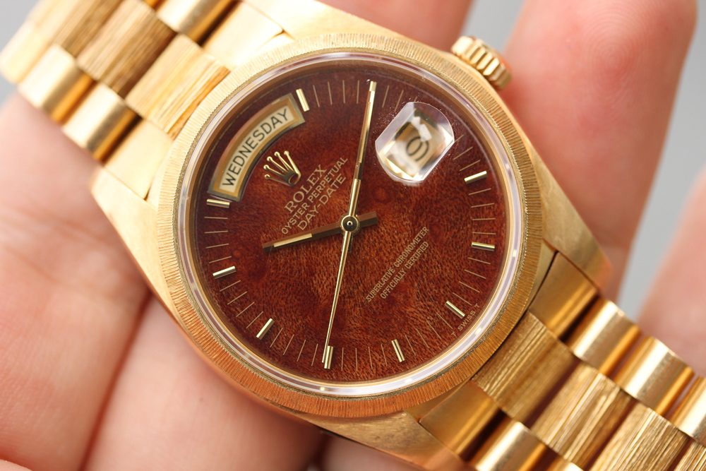 SOLD 1984 Rolex Day Date President 18078 Bark Finish W Mahogany Wood SOLD 1984 Rolex Day Date President 18078 Bark Finish W Mahogany Wood
