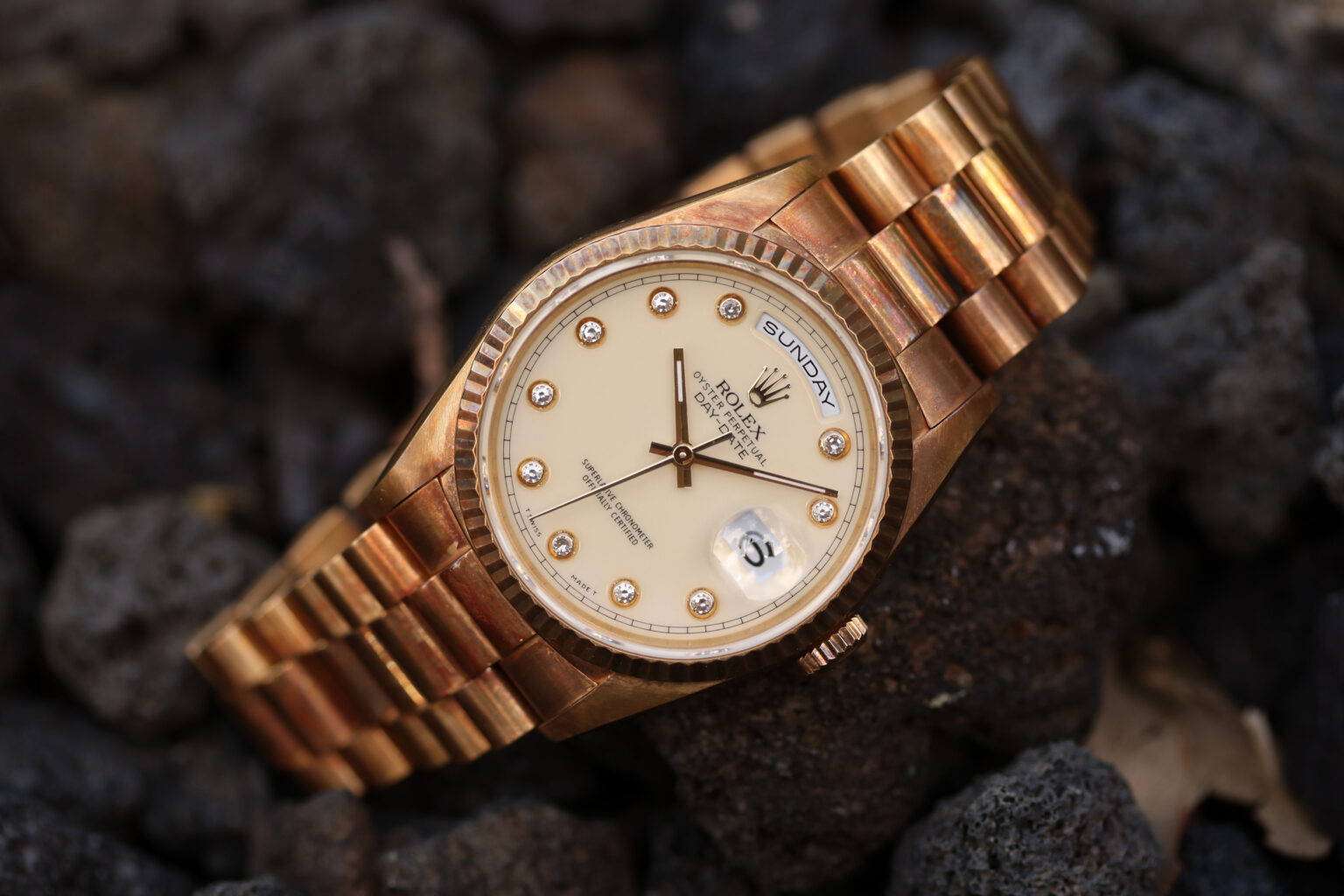 1990 Rolex Day-Date ref. 18238 Ivory Diamond Pinball Dial, Heavy Patina ...